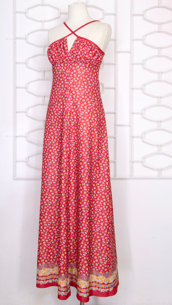 70s Cross Front Red Ditsy Maxi – Dark Horse Vintage
